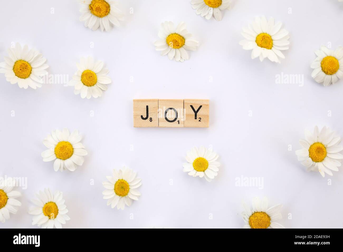Flat image featuring the text joy in wooden letters on a white ...