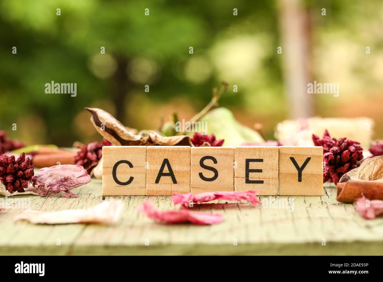 A border of various dried flowers surrounding wooden letters spelling ...