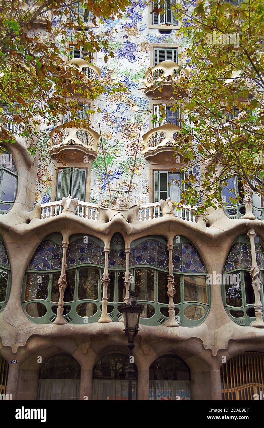 Frontage detail, Casa Batlló, famous building by Antoni Gaudi, Passeig ...