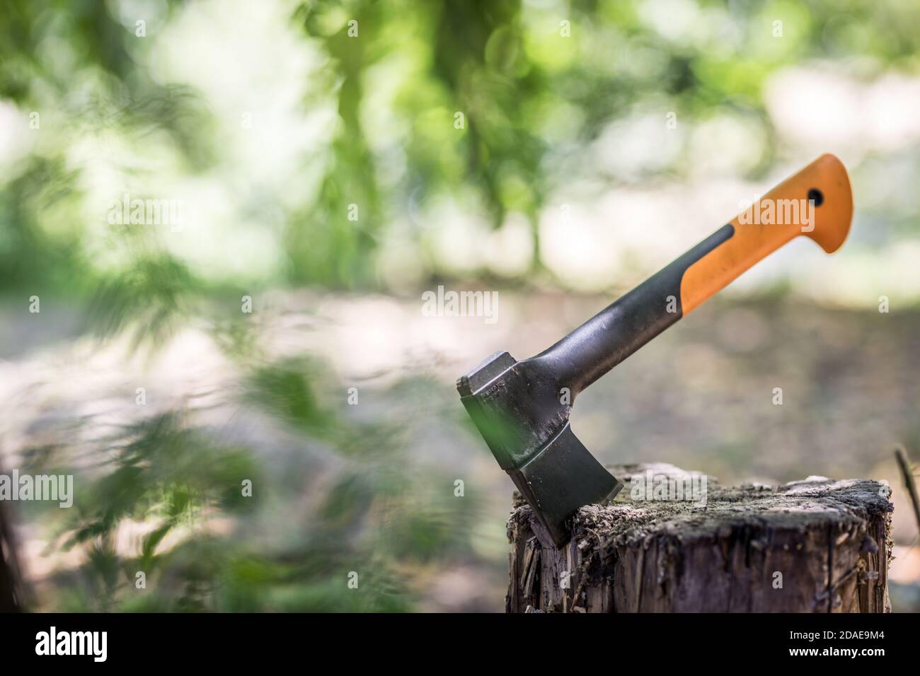 Axe stuck in wood. Axe in the stump blurred forest nature, ground ...