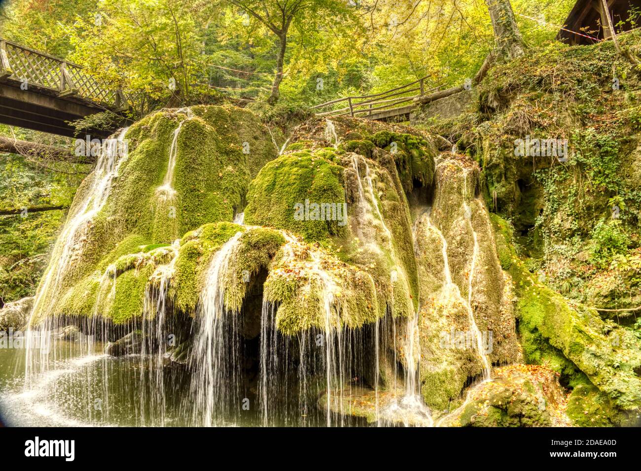 The unique beautiful Bigar waterfall full of green moss, Bozovici ...