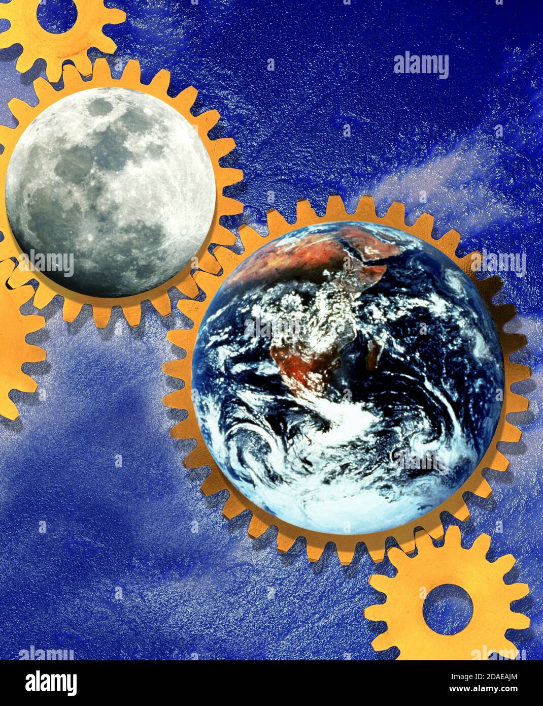 GEARS WITH EARTH AND MOON, SYMBOLIC IMAGE Stock Photo - Alamy