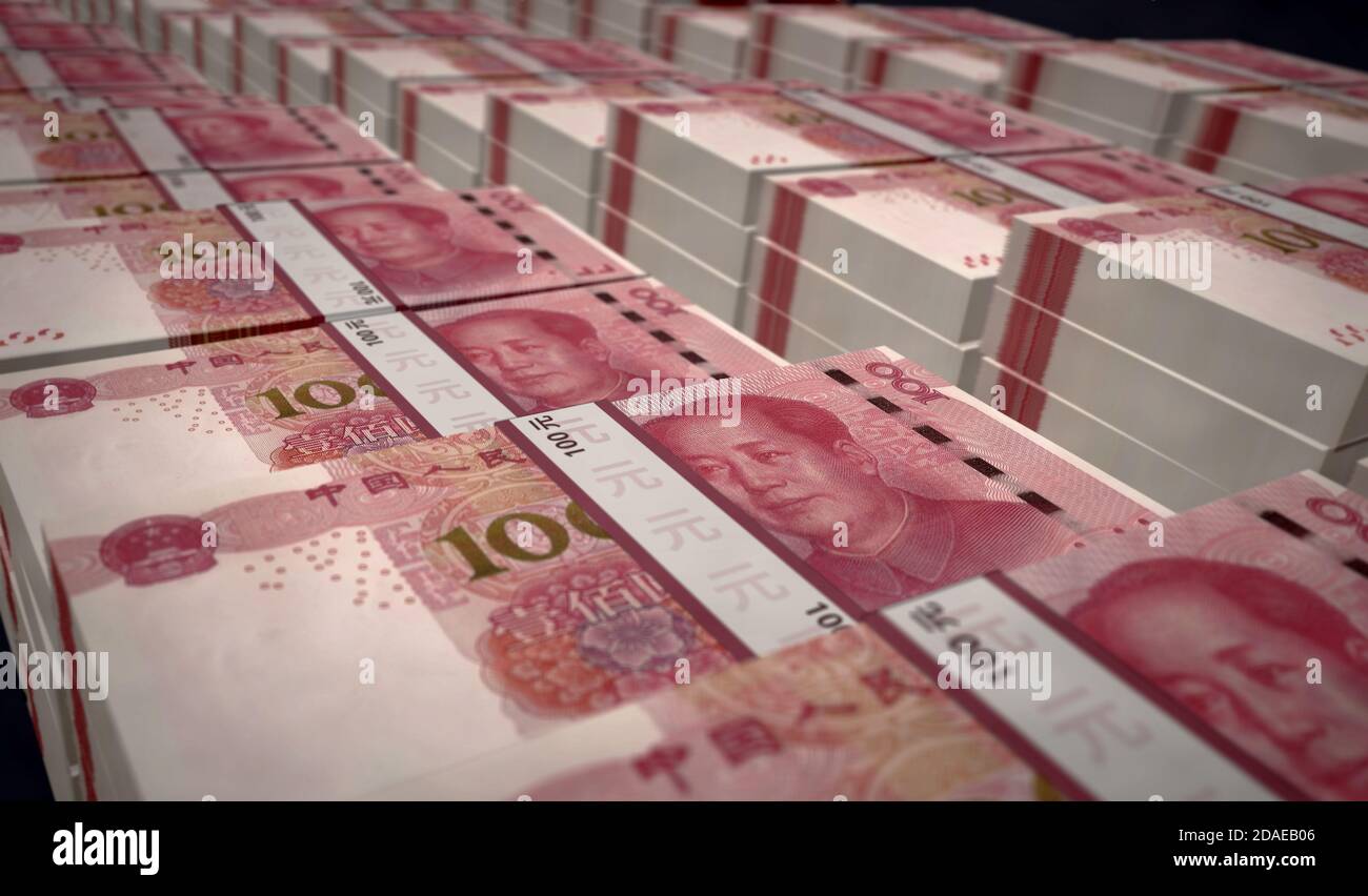 Chinese yuan money pack 3d illustration. 100 EUR banknote bundle stacks ...