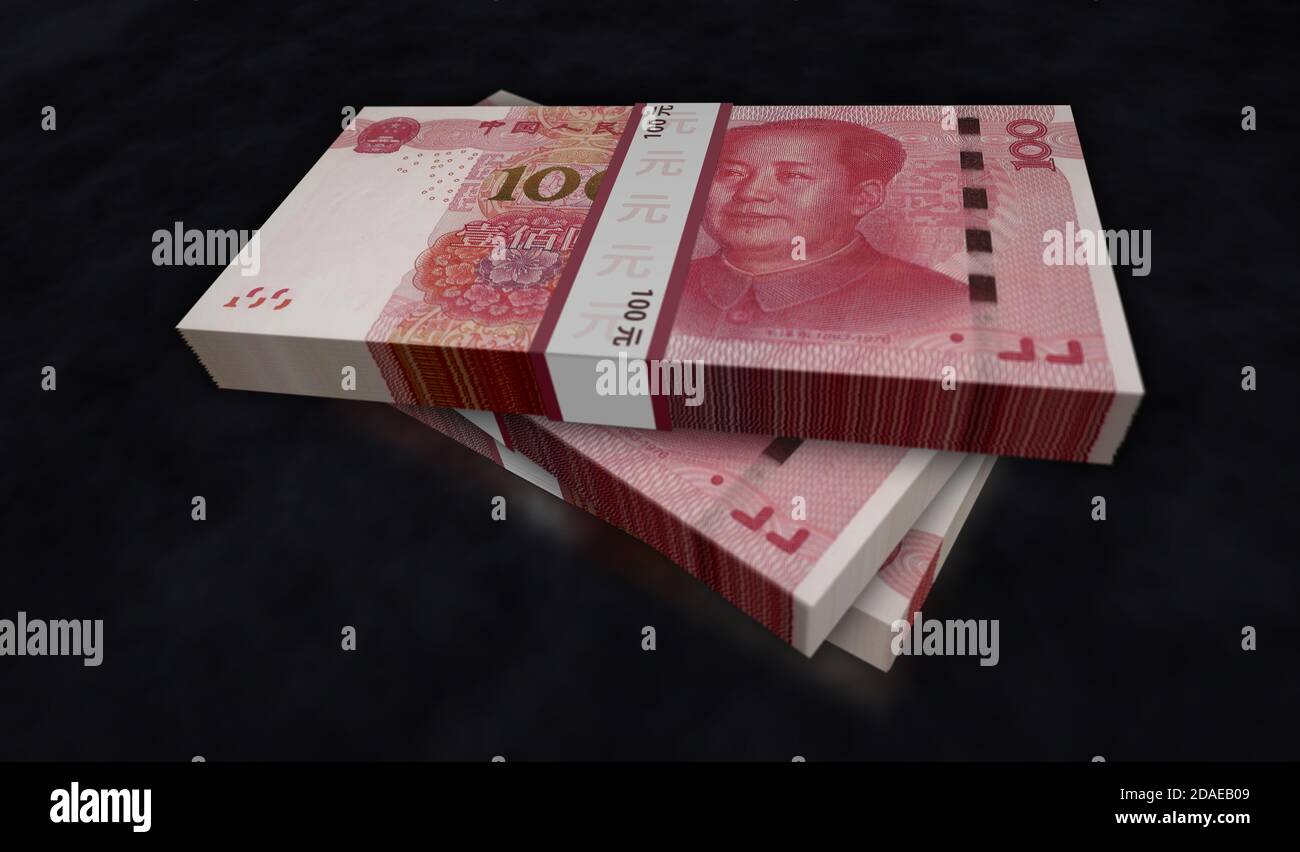 Chinese yuan money pack 3d illustration. 100 EUR banknote bundle stacks ...
