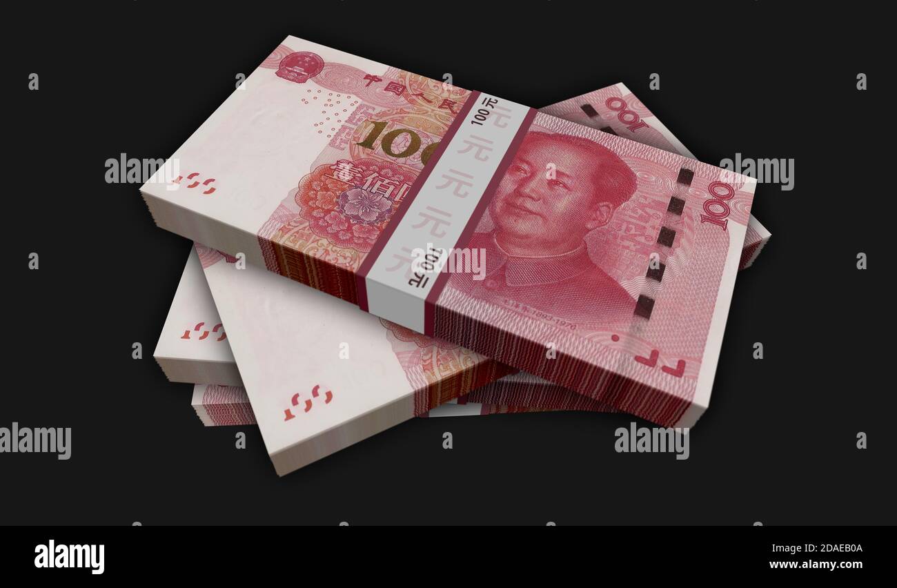 Chinese yuan money pack 3d illustration. 100 EUR banknote bundle stacks ...