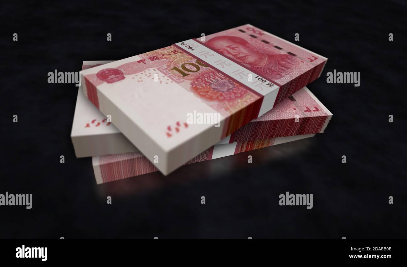 Chinese yuan money pack 3d illustration. 100 EUR banknote bundle stacks ...