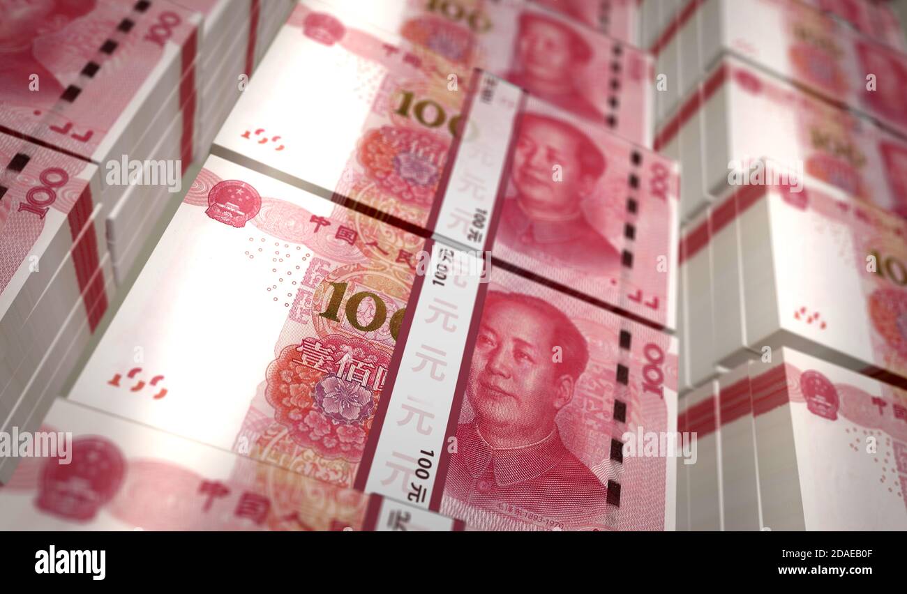 Chinese yuan money pack 3d illustration. 100 EUR banknote bundle stacks ...