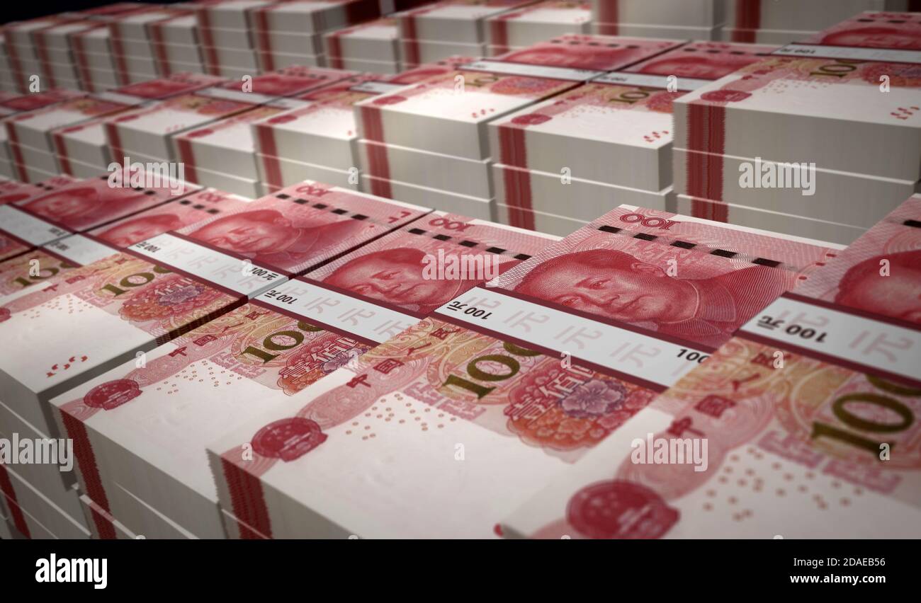 Chinese yuan money pack 3d illustration. 100 EUR banknote bundle stacks ...