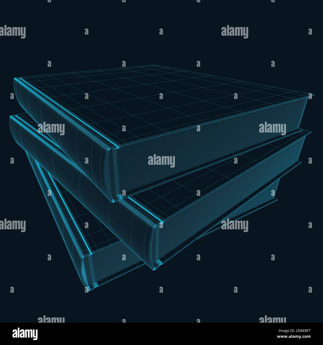 Wireframe of a stack of three books from blue lines on a dark ...