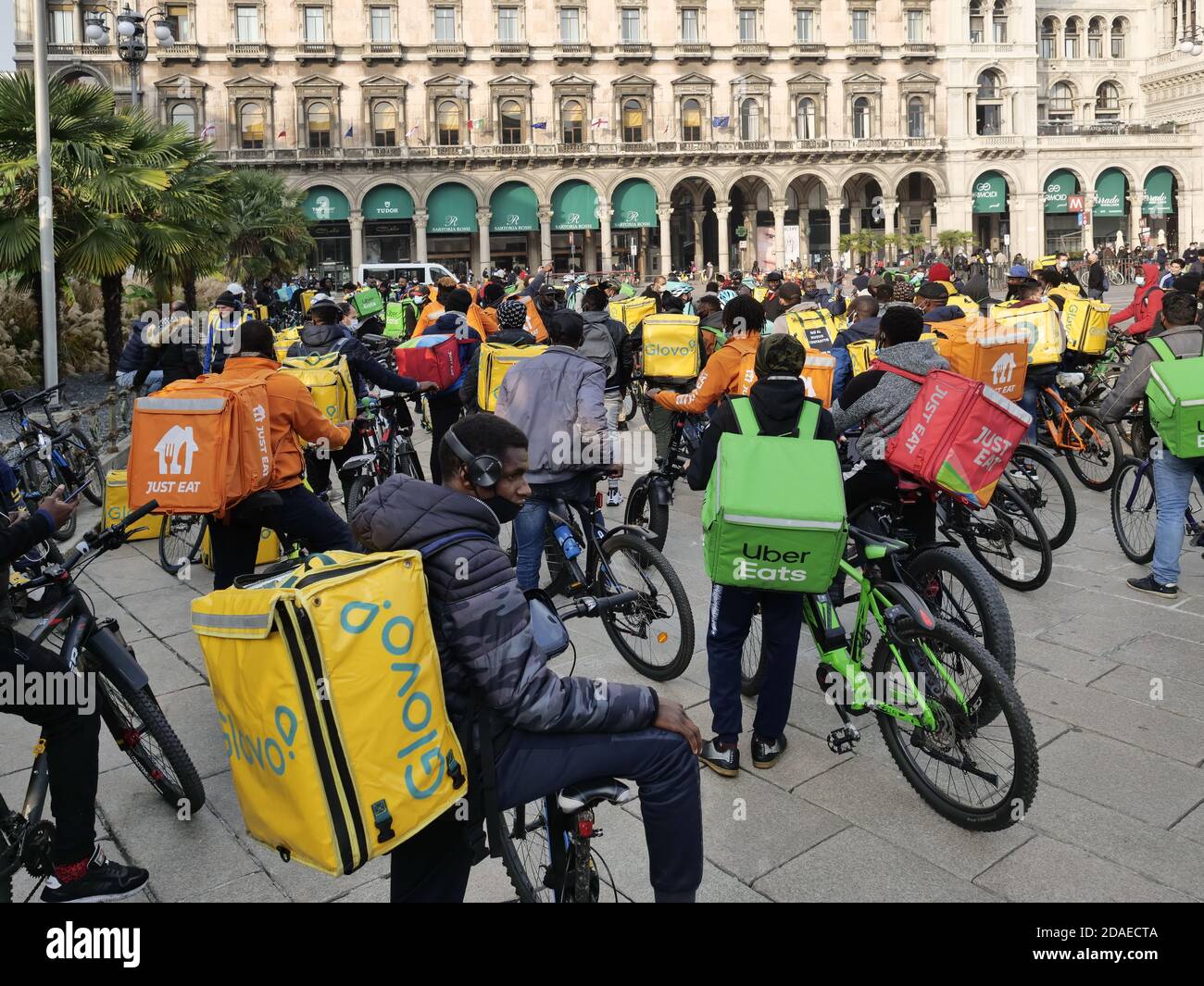 Milanese bicycle food delivery riders in Duomo square protest for the ...