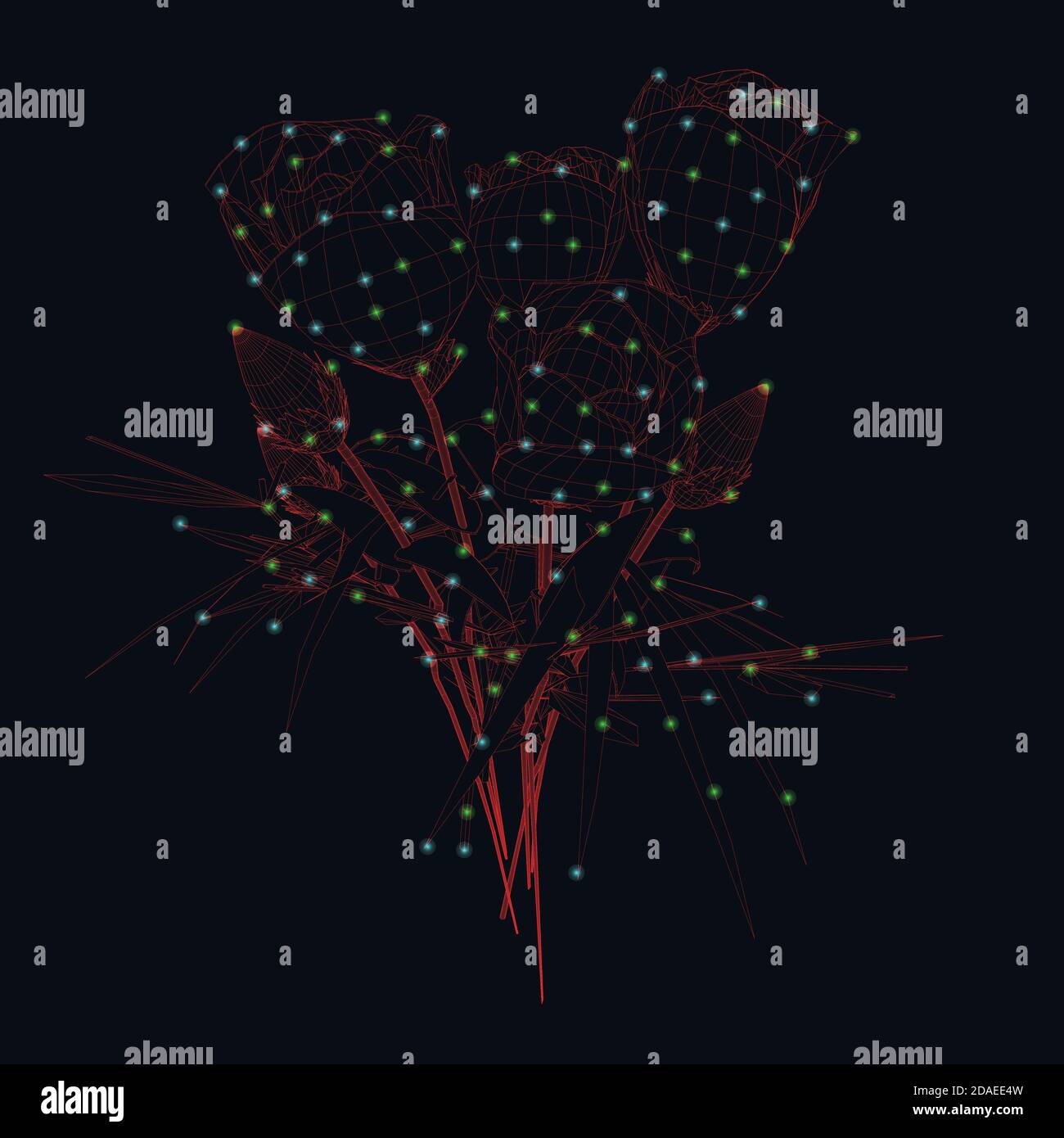 Wireframe of a bouquet of roses from red lines with glowing lights on a ...