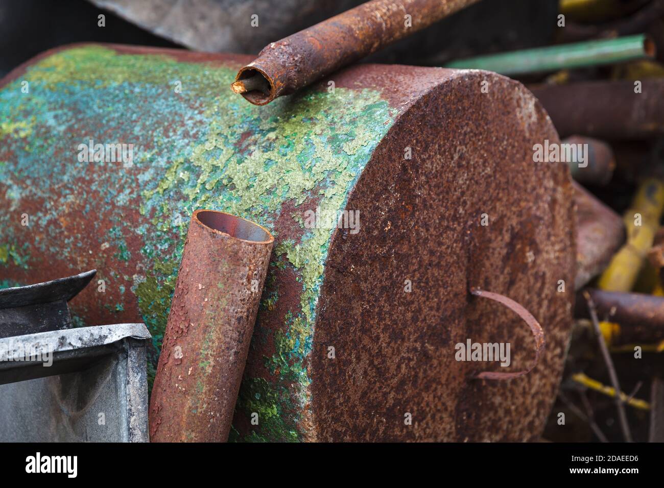 Old rusty scrap metal, close up view. Waste iron metals rusted. Shallow ...
