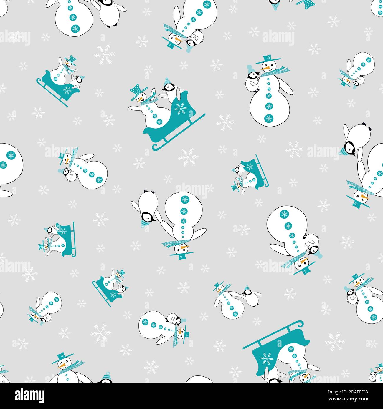Snowman and baby penguin seamless vector pattern background. Pairs of ...