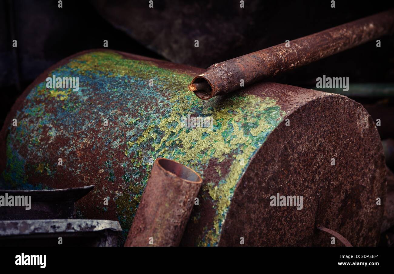 Old rusty scrap metal, close up view. Waste iron metals rusted. Shallow ...