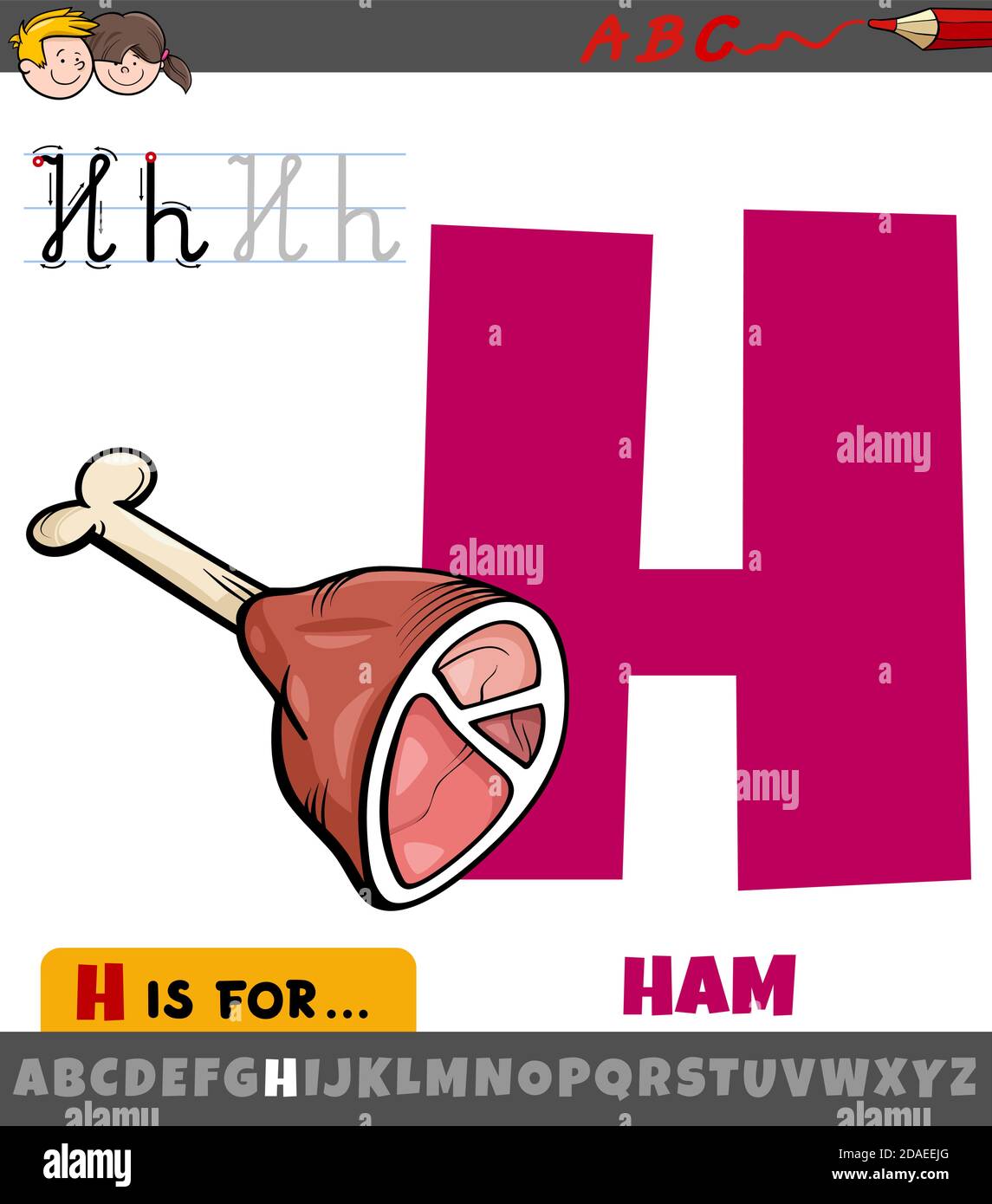 Educational cartoon illustration of letter H from alphabet with ham for ...