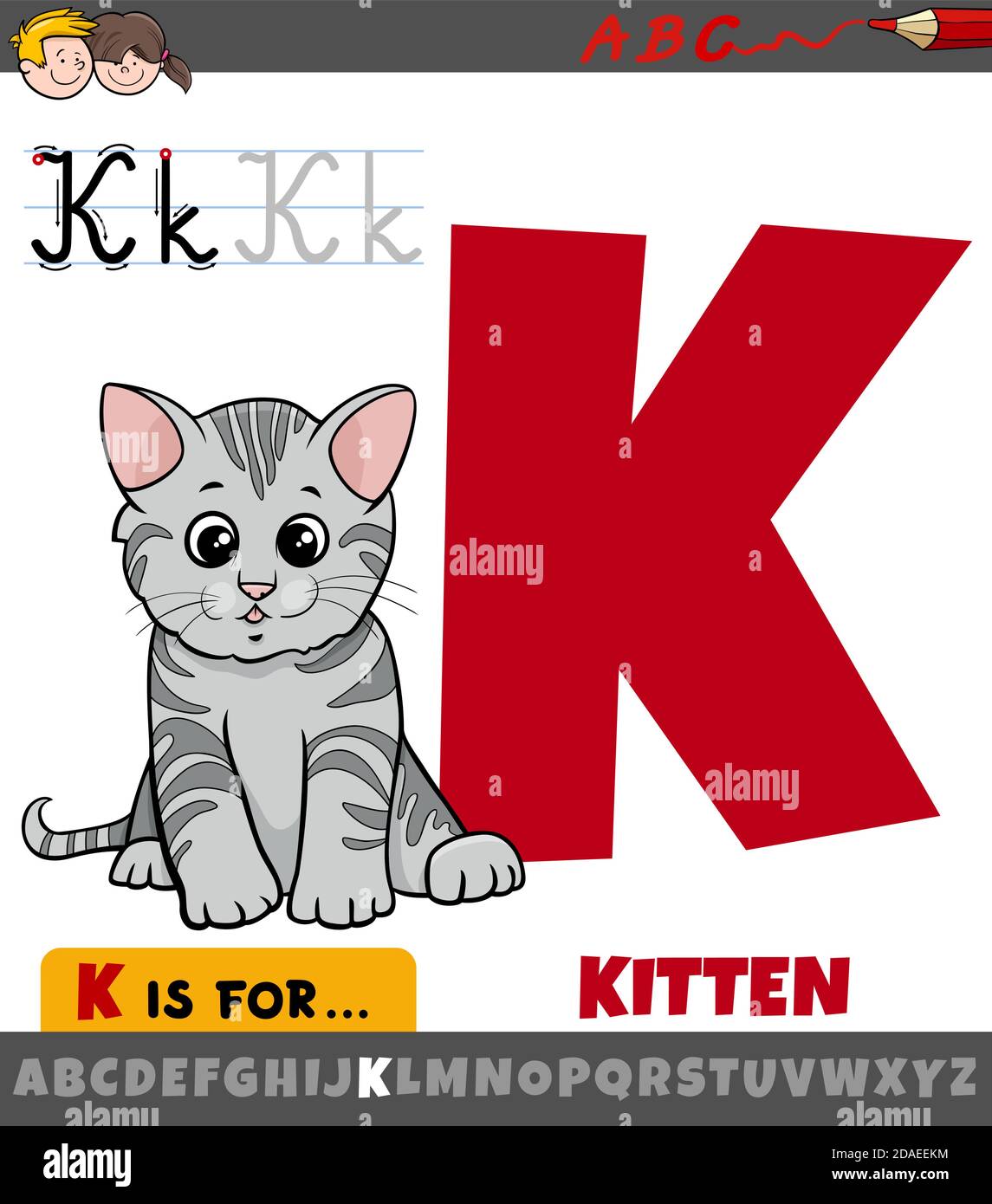 Educational cartoon illustration of letter K from alphabet with Kitten ...