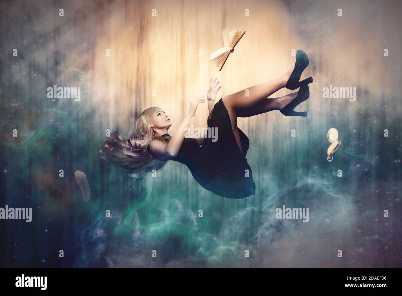 a girl flies in her dreams, in her fantasies or in space Stock Photo ...