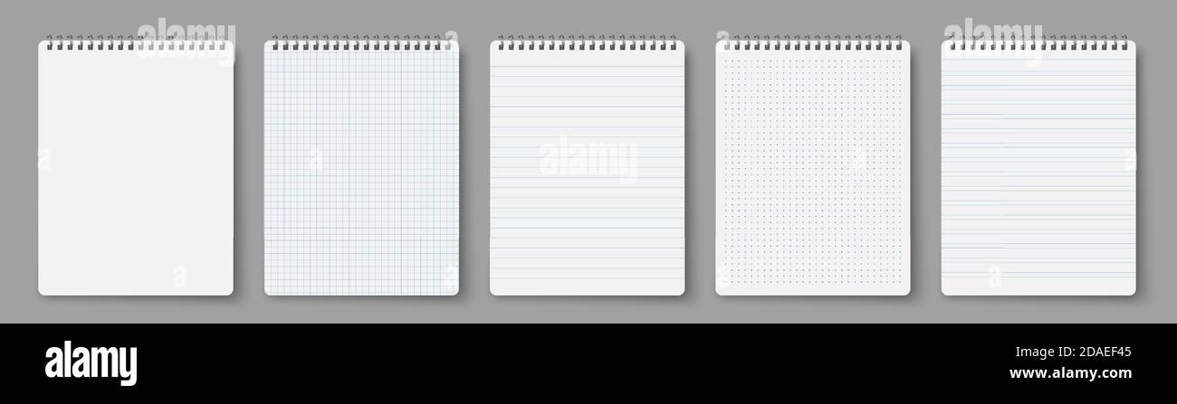 Notebook line squared dot. Diary template. Notepad empty page set. Vector blank white list mock ...