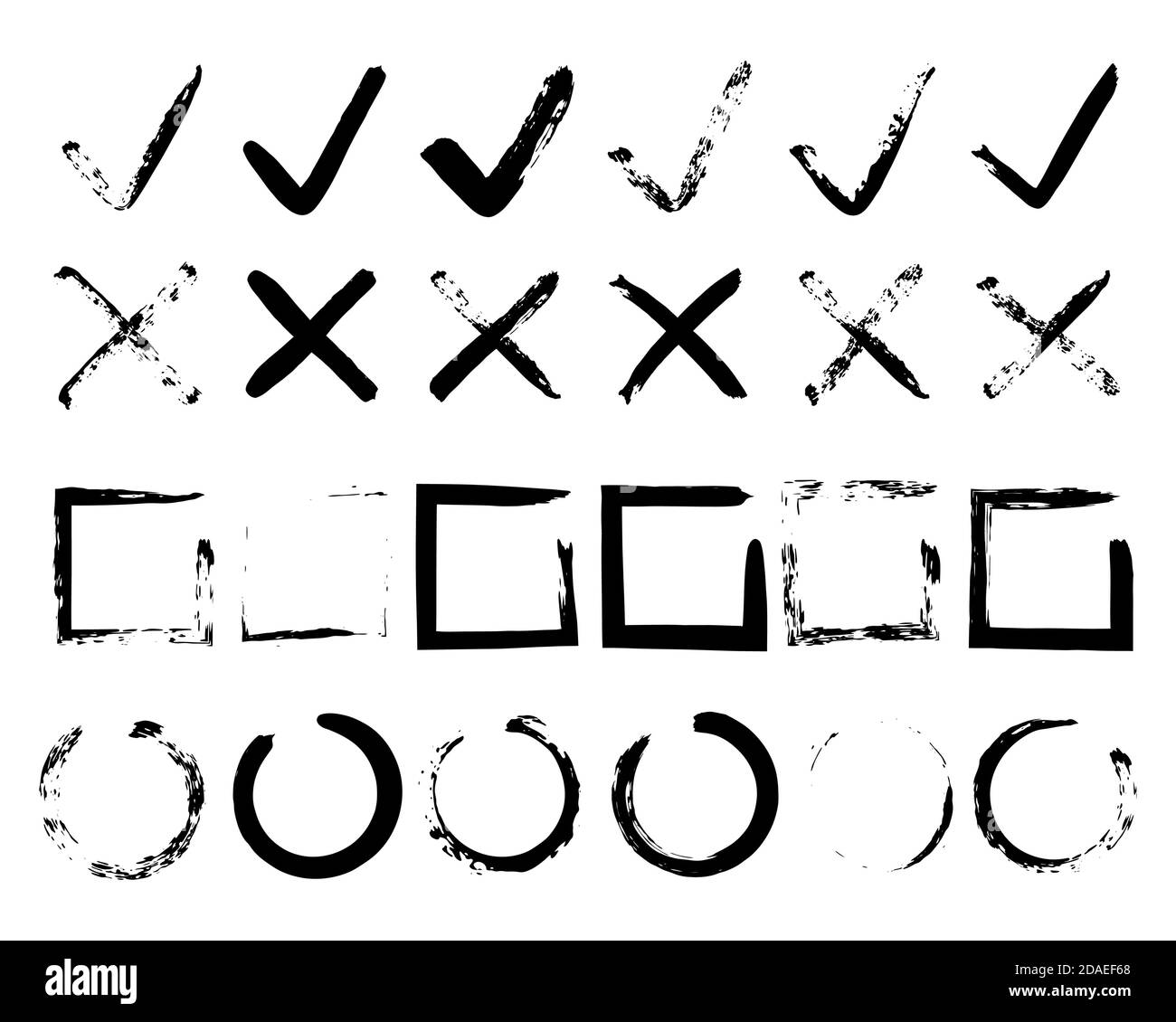 Check mark. Grunge V X hand drawn checkmarks. Vector square and circle ...