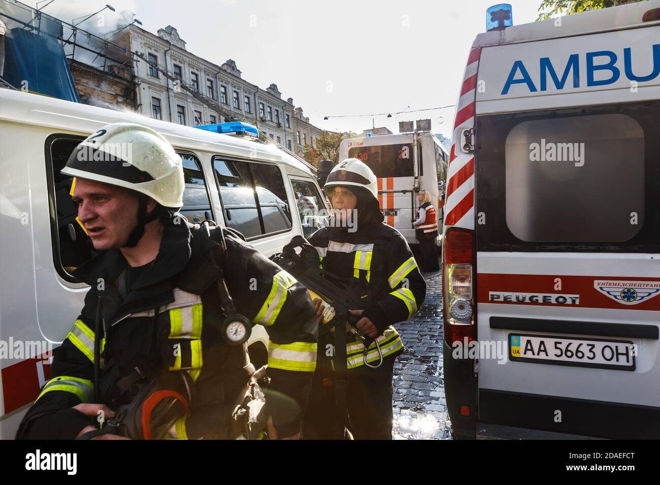 KIEV, UKRAINE - Jun 20, 2017: Ukrainian firefighters try to extinguish ...