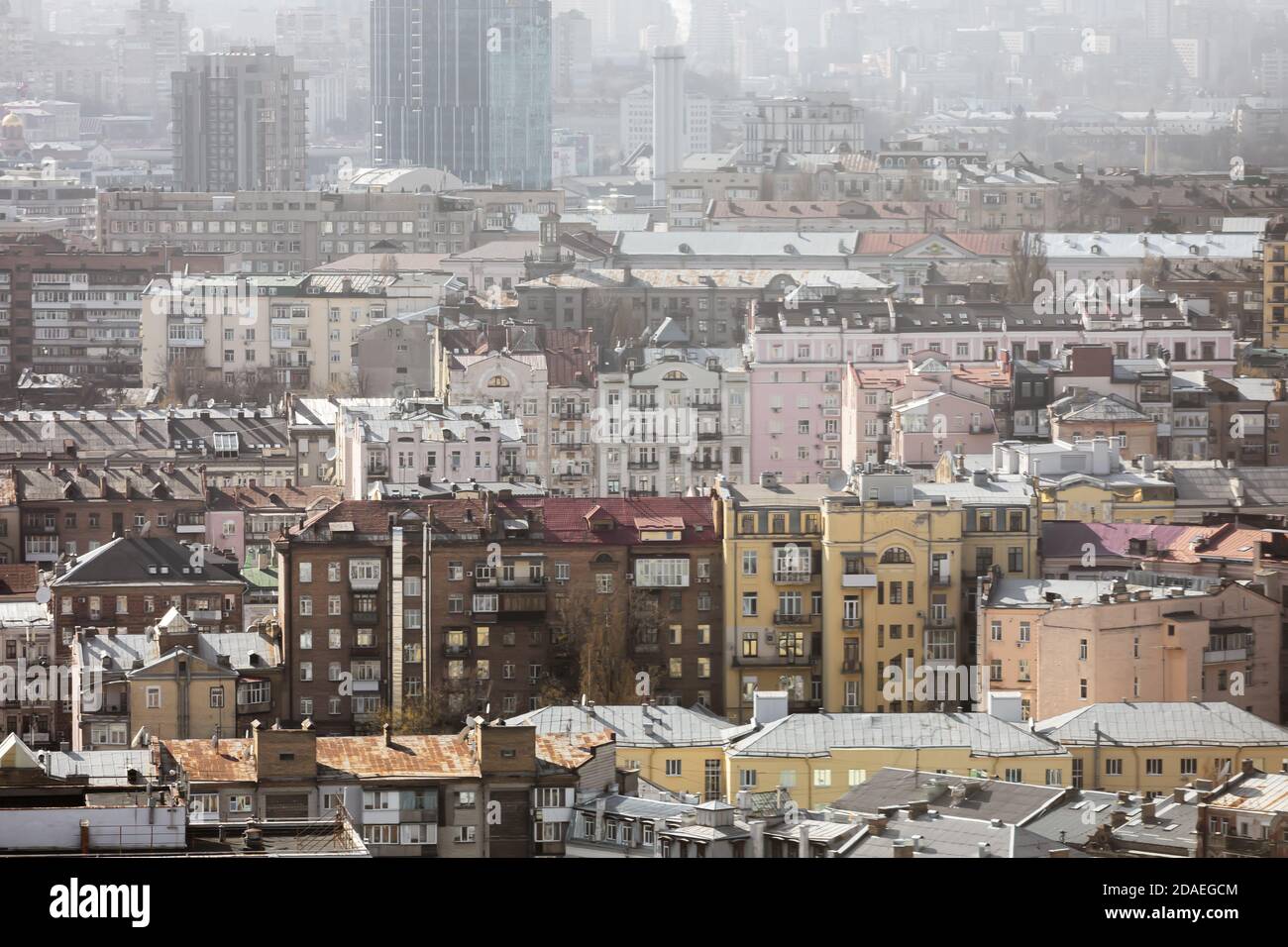 Kyiv, Ukraine - Apr. 01, 2020: Aerial view of the roofs and streets of ...