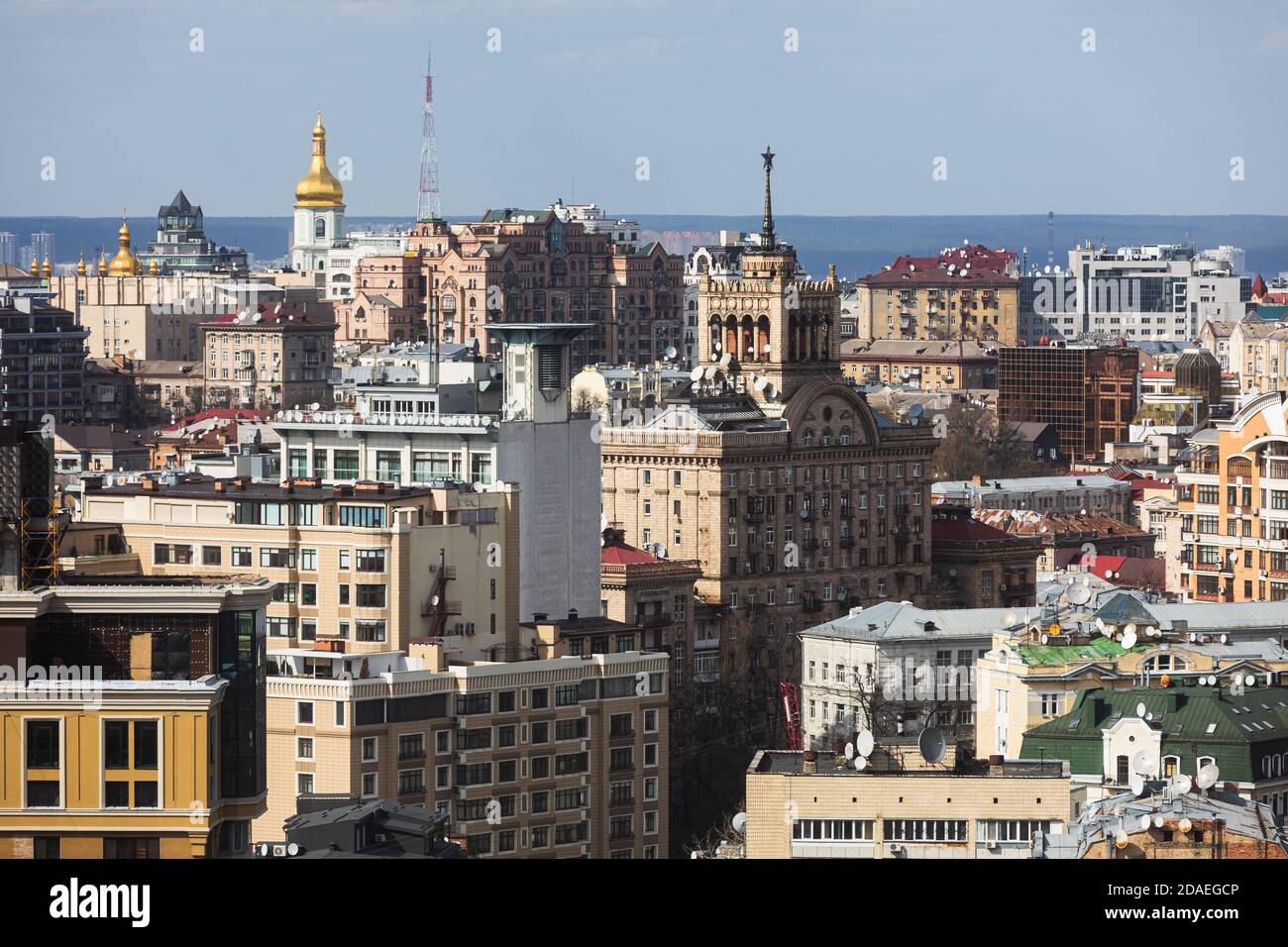 Kyiv, Ukraine - Apr. 01, 2020: Aerial view of the roofs and streets of ...