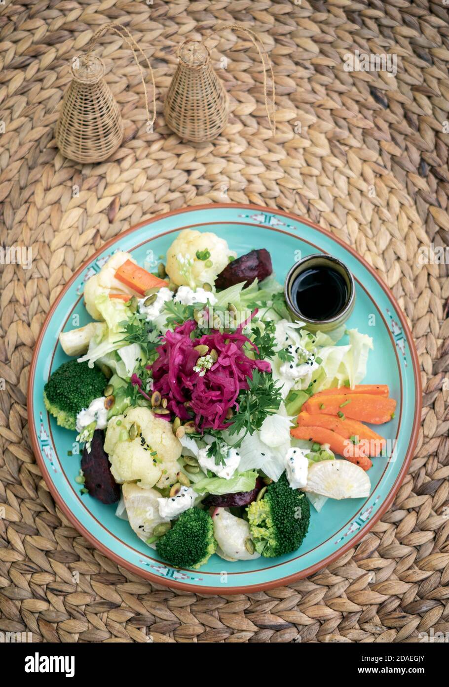 rustic cottage salad with healthy mixed steamed and fresh vegetables on ...