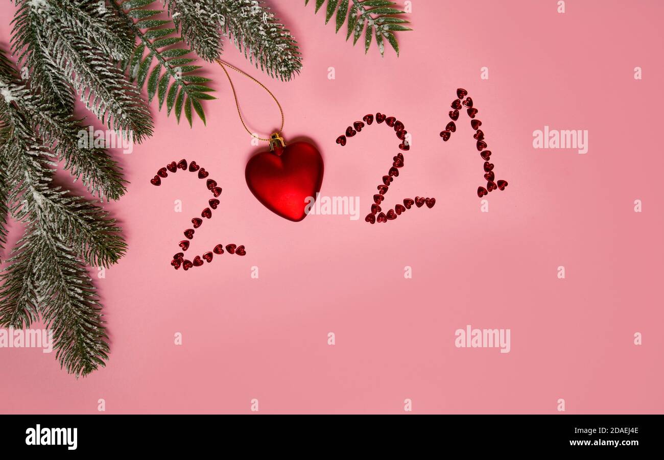 flat masonry of New Year's branches with the number 2021 Stock Photo ...