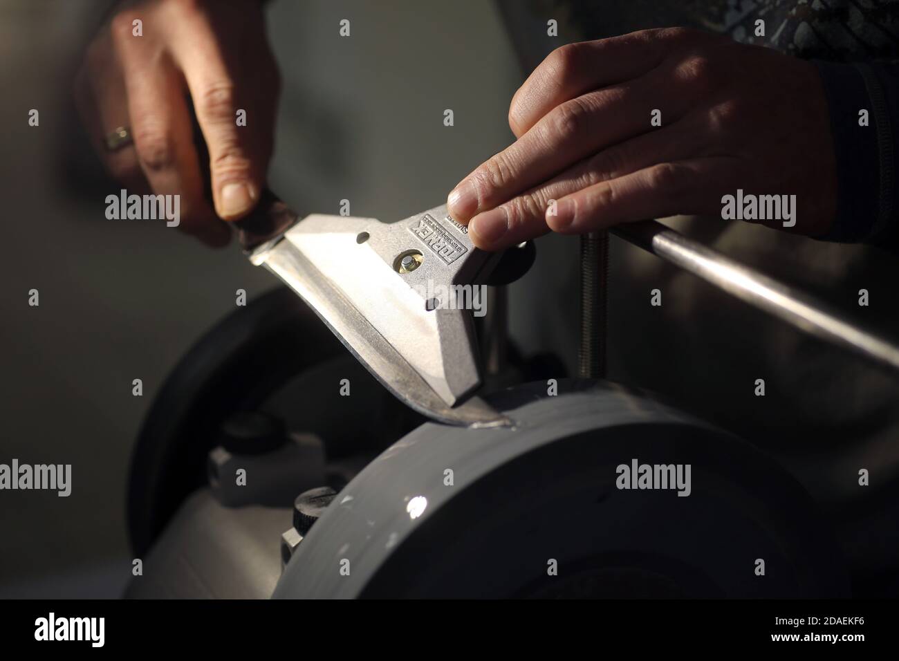 Knife sharpener and hand with blade Stock Photo - Alamy