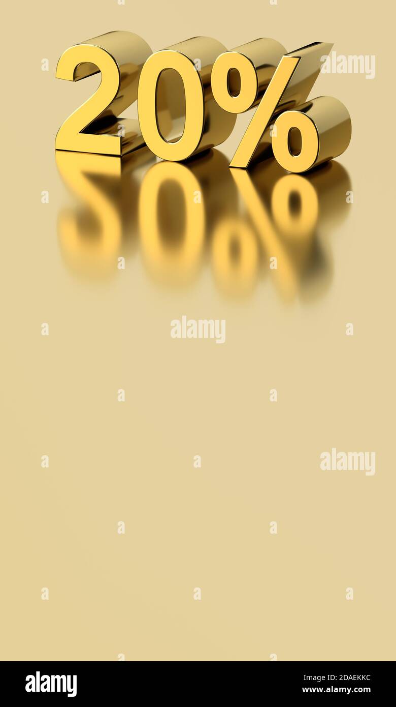 3d words 20% percent with reflection on gold background. 3d rendering ...