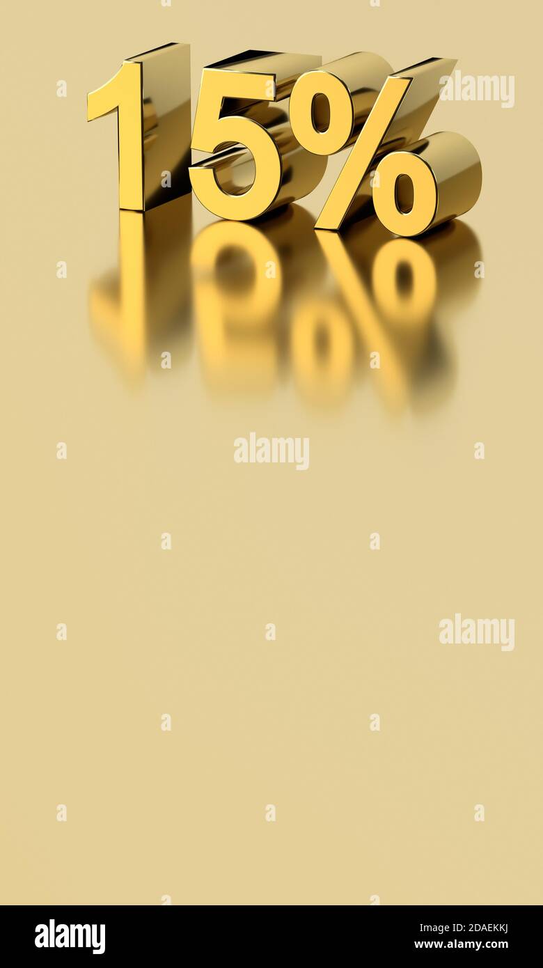 3d words 15% percent with reflection on gold background. 3d rendering ...