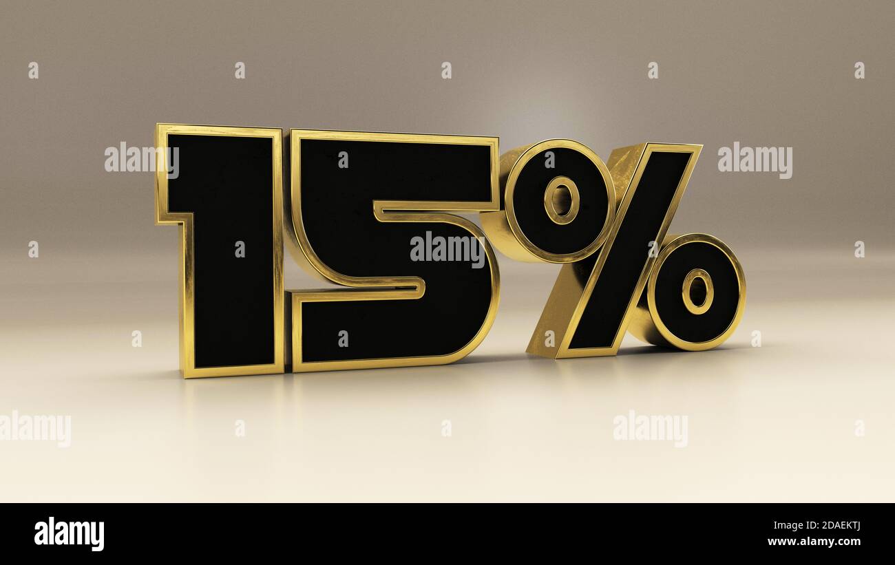 15 percent 3d gold and black luxury text isolated on white, 3d render ...