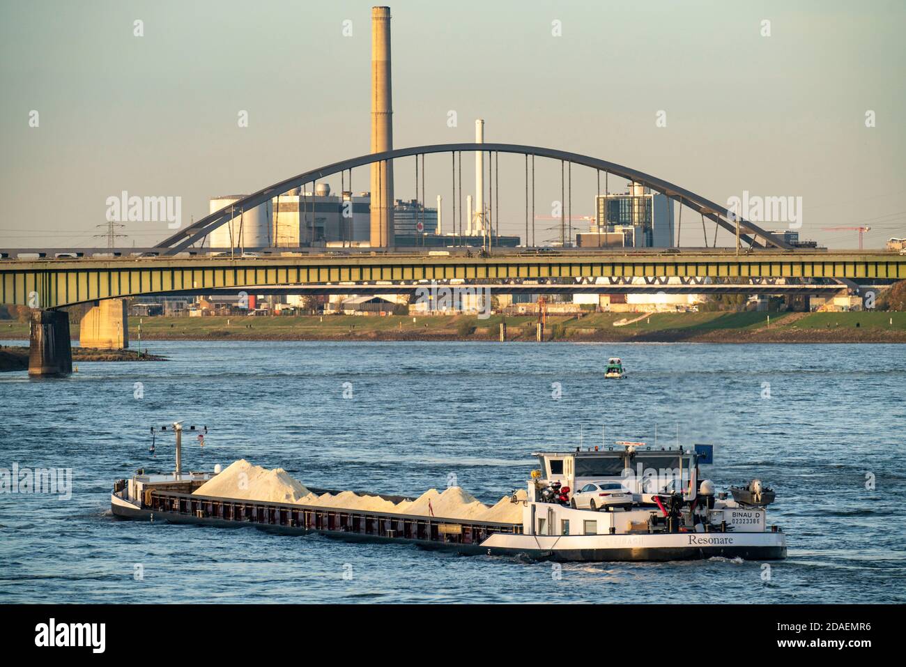 Cargo ship on the Rhine near Düsseldorf ,Josef-Kardinal-Frings-Bridge ...
