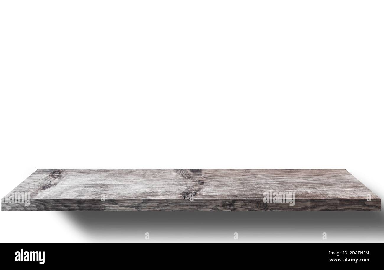 empty wooden shelf on white background desing Stock Photo - Alamy