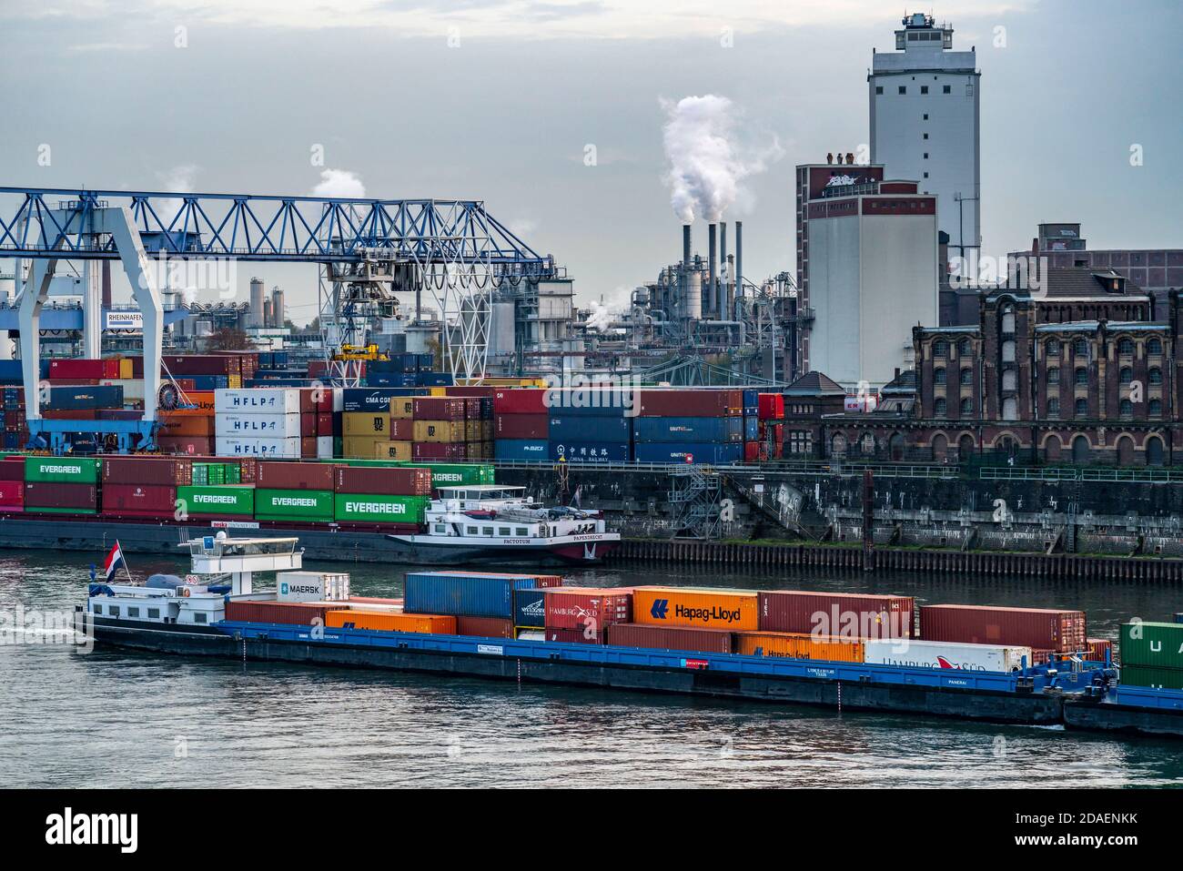 Container cargo ship on the Rhine near Krefeld, Rhine port, Rheinhafen ...