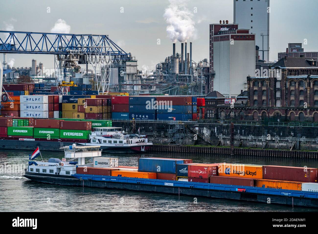 Container cargo ship on the Rhine near Krefeld, Rhine port, Rheinhafen ...