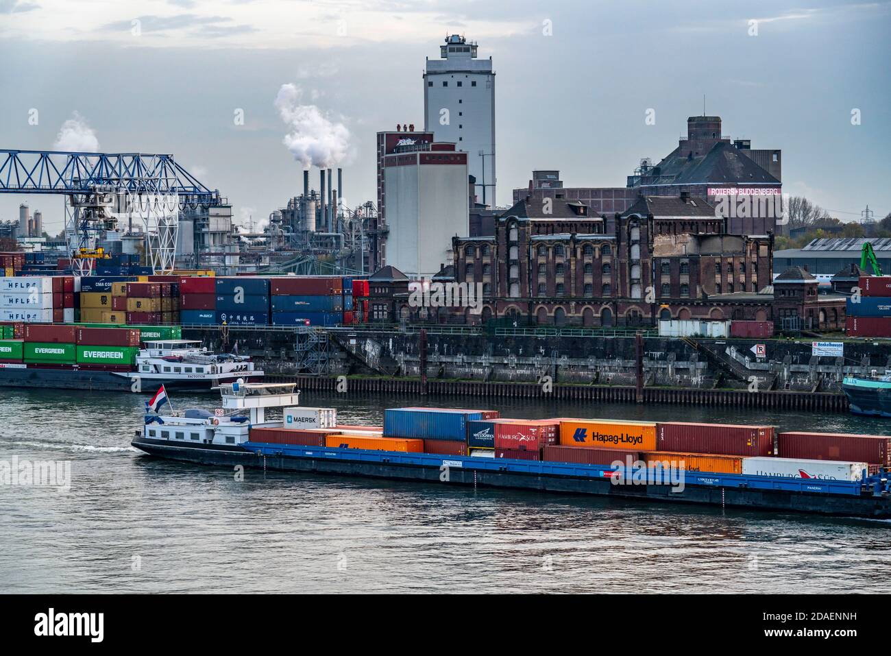 Container cargo ship on the Rhine near Krefeld, Rhine port, Rheinhafen ...