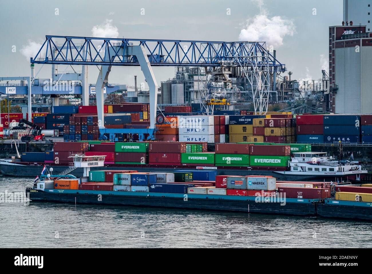 Container cargo ship on the Rhine near Krefeld, Rhine port, Rheinhafen ...