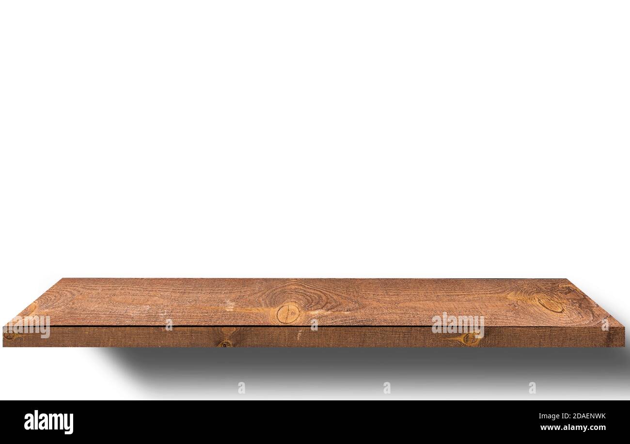 empty wooden shelf on white background desing Stock Photo - Alamy