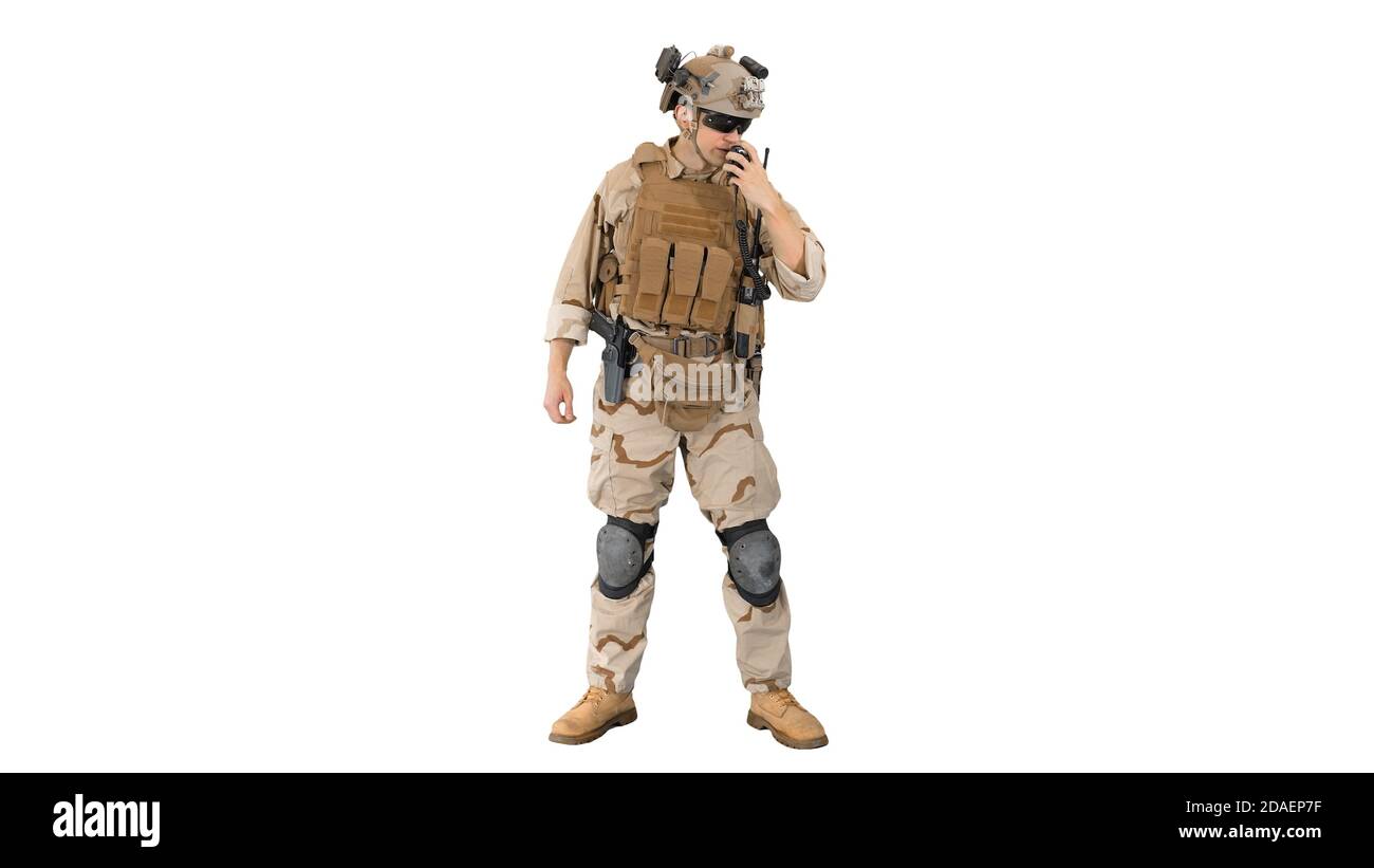 Soldier in uniform talking on radio on white background Stock Photo - Alamy
