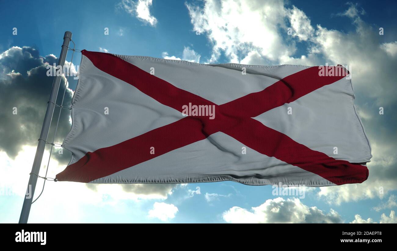 Alabama flag on a flagpole waving in the wind in the sky. 3d rendering ...
