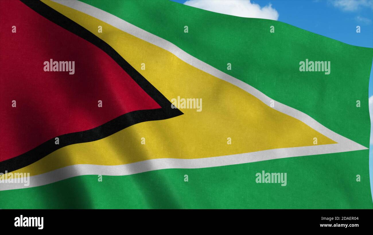 Guyana flag waving in the wind, blue sky background. 3d rendering Stock Photo - Alamy