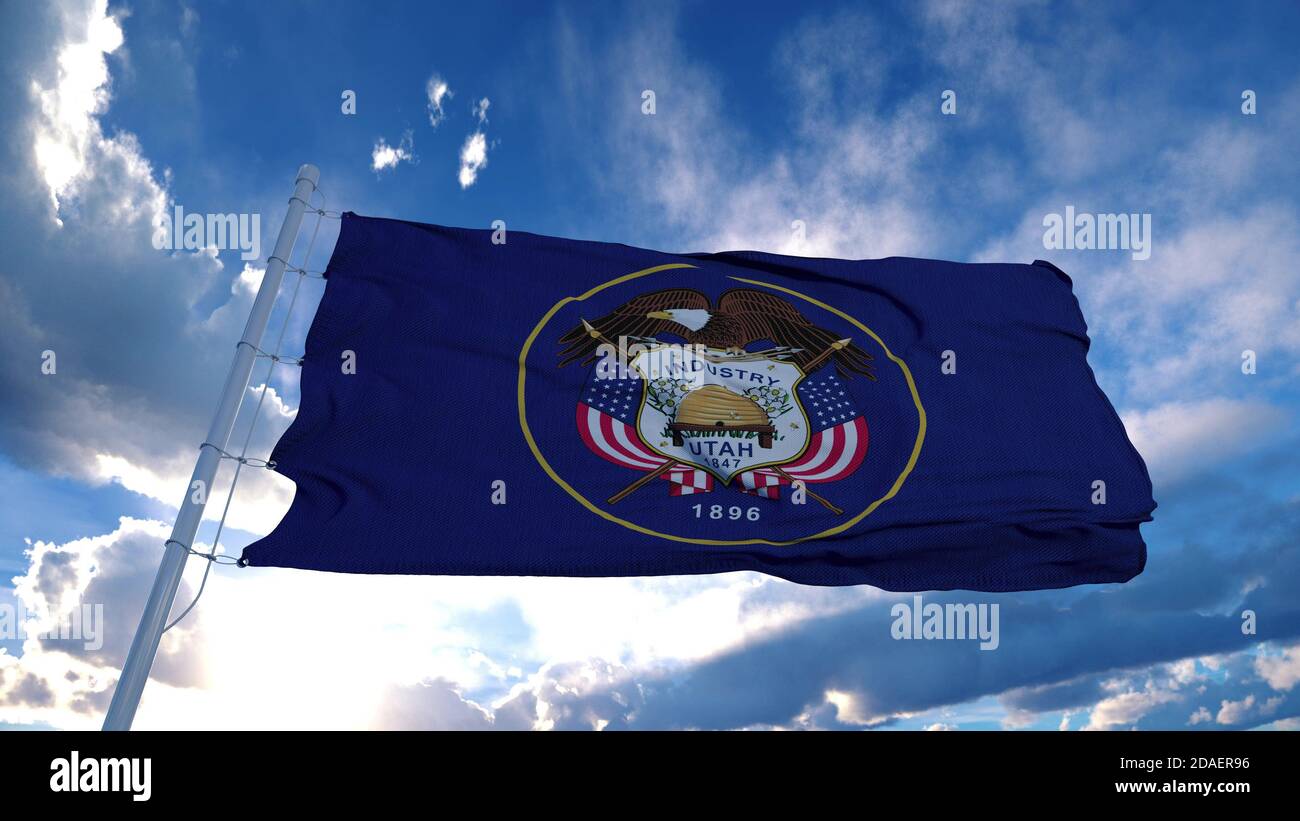 Utah flag on a flagpole waving in the wind, blue sky background. 3d ...
