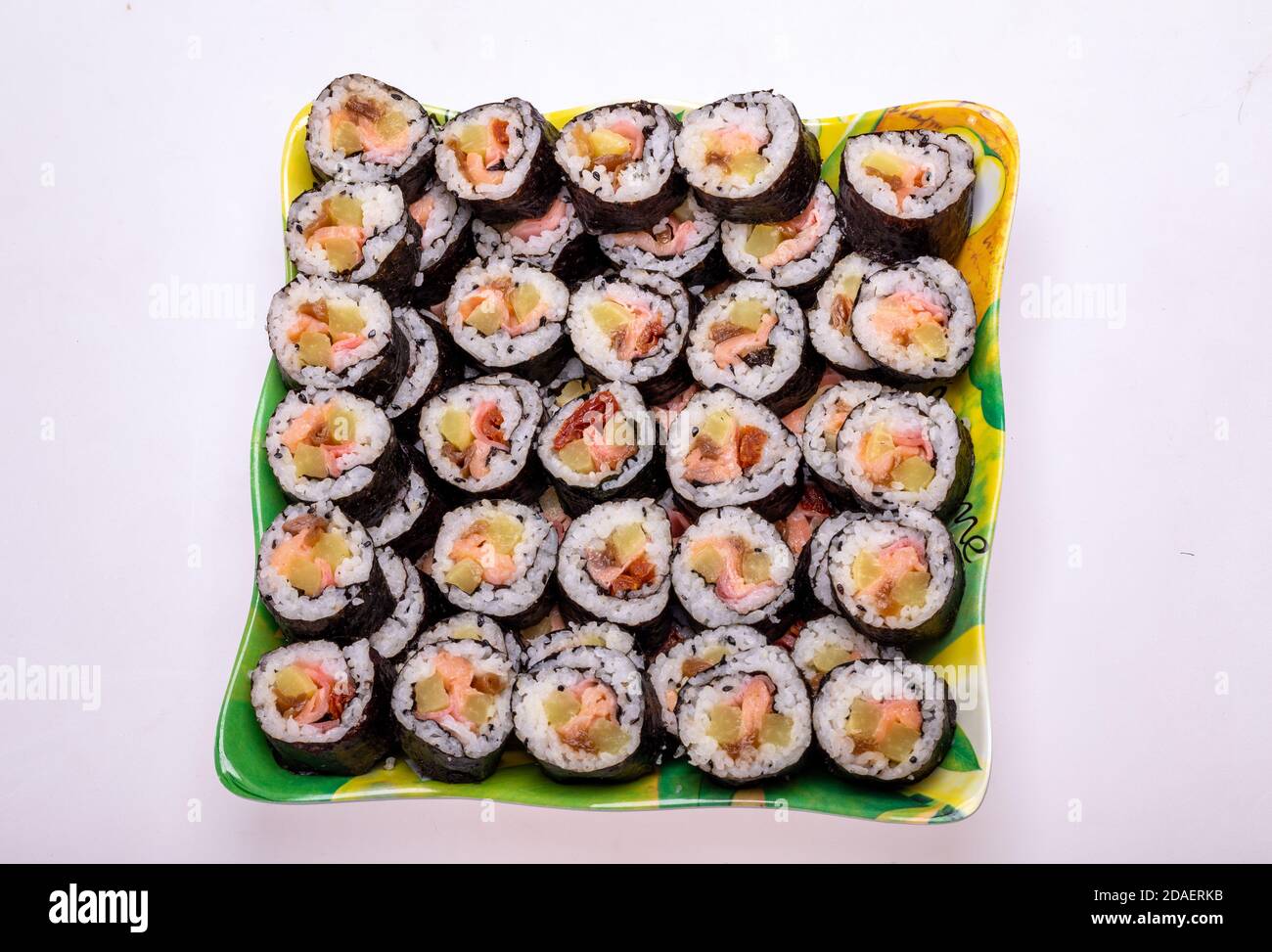 Top view of stack of Japanese sushi maki roll plate. Served in Japanese ...