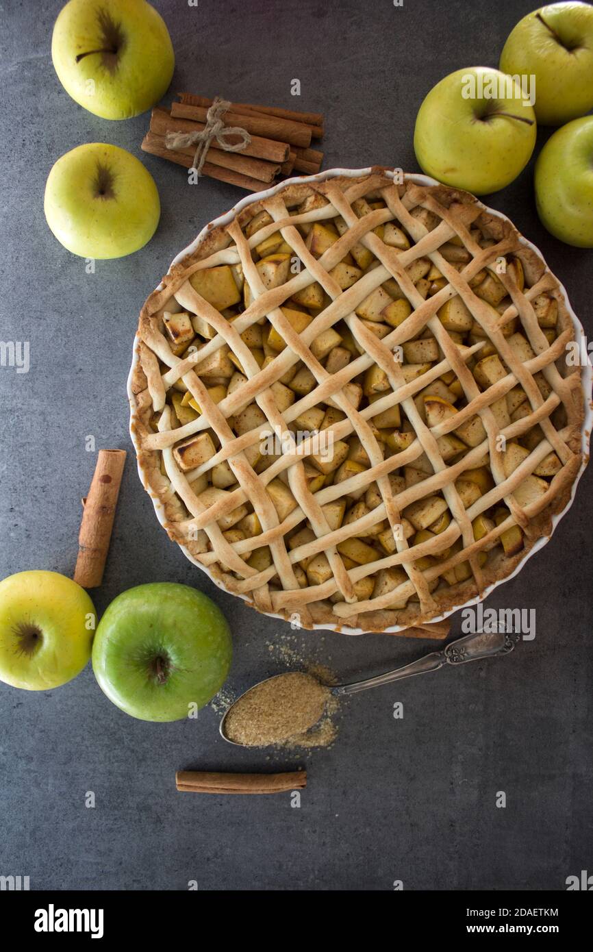 Apple pie with lattice decoration. Homemade dessert pie top view photo ...