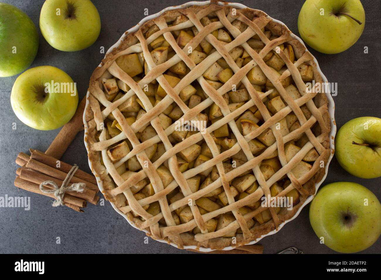 Apple pie with lattice decoration. Homemade dessert pie top view photo ...