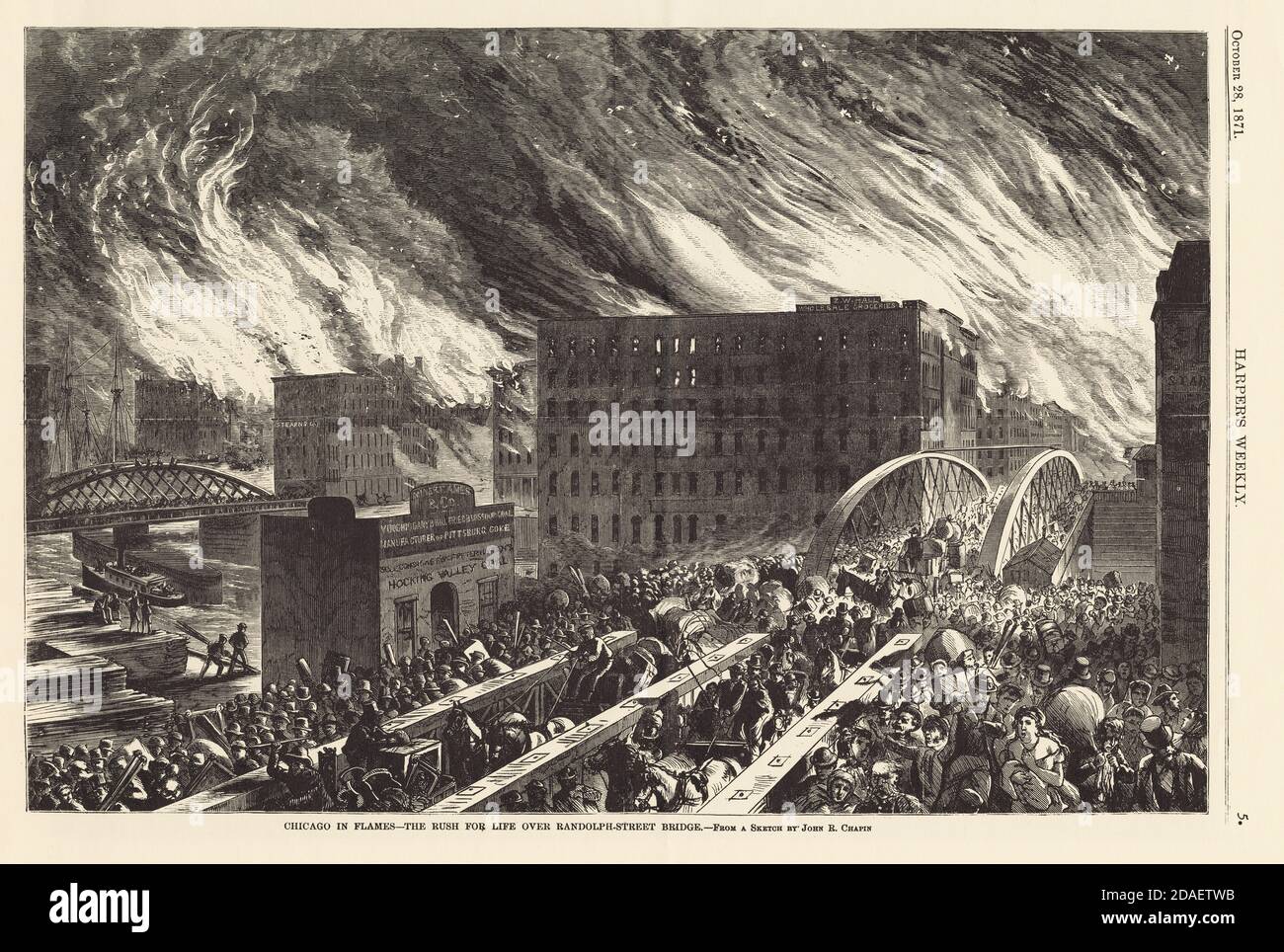 Illustration of crowds of people trying to escape over Randolph Street ...