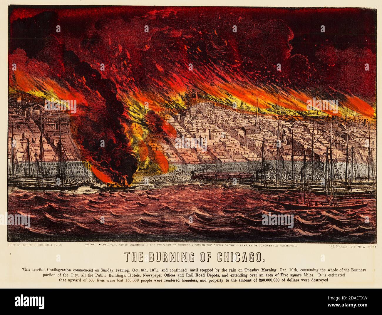 Illustration titled The Burning of Chicago during the Fire of 1871 ...
