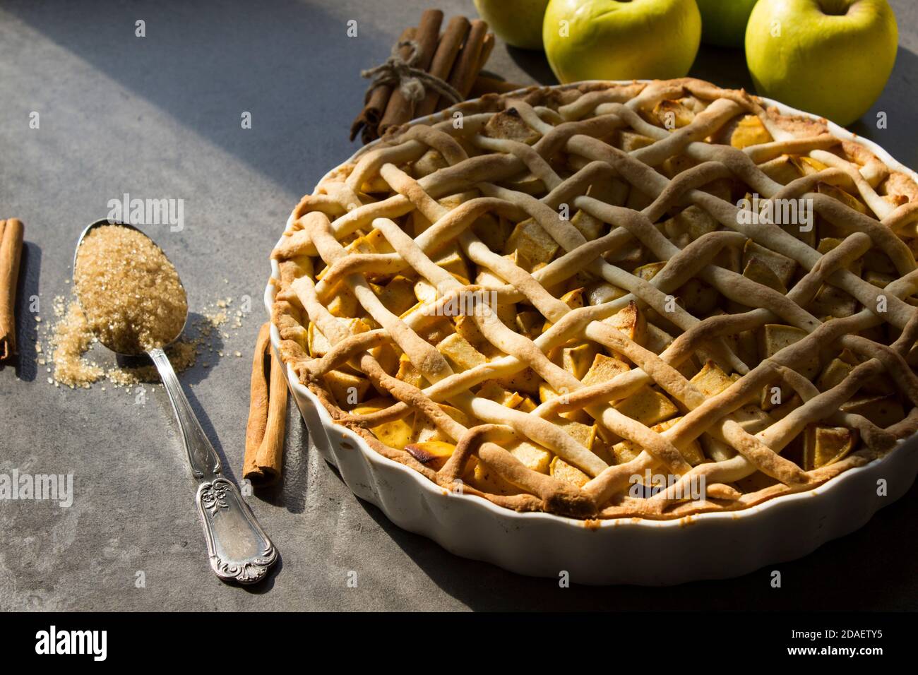 Apple pie with lattice decoration. Homemade dessert pie top view photo ...