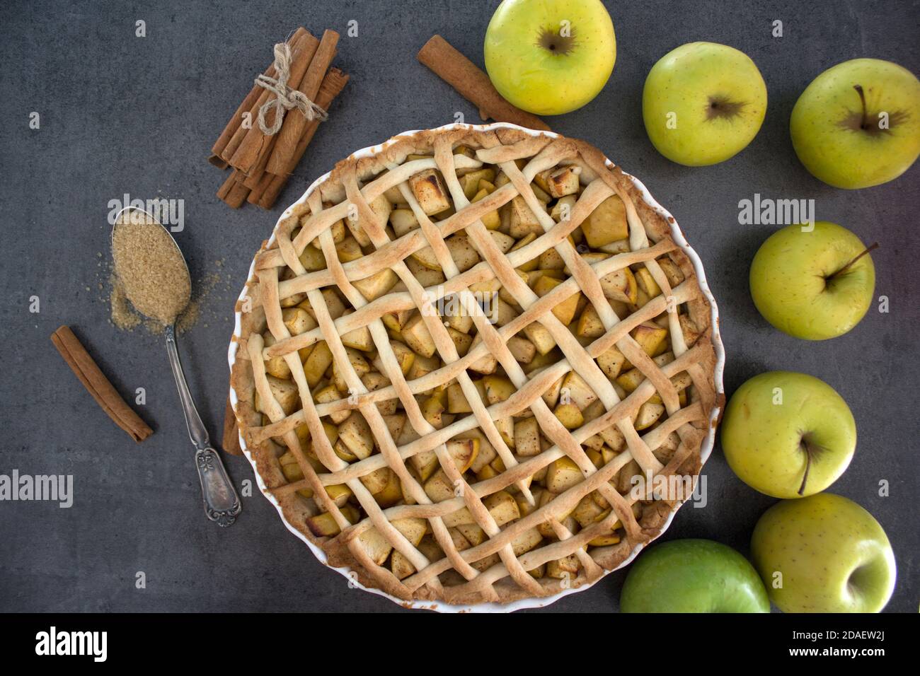 Apple pie with lattice decoration. Homemade dessert pie top view photo ...